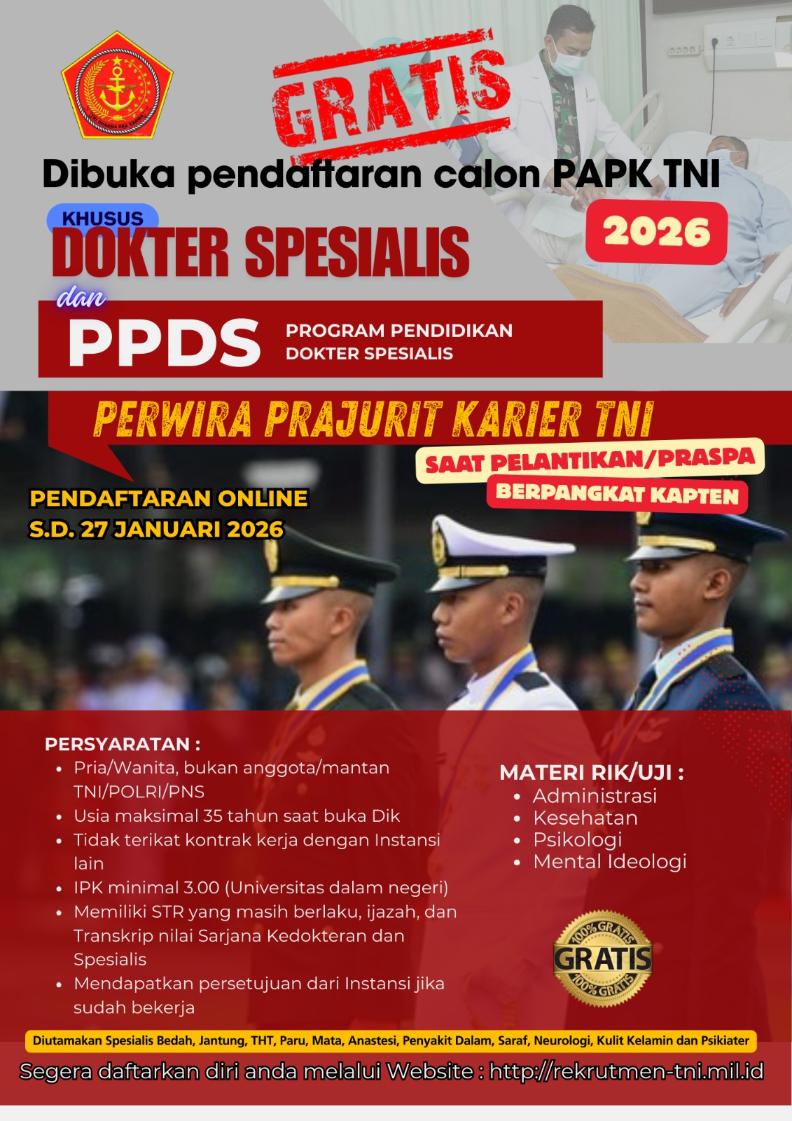 Penerimaan Calon Pa PK TNI Khusus Dokter Spesialis 2026